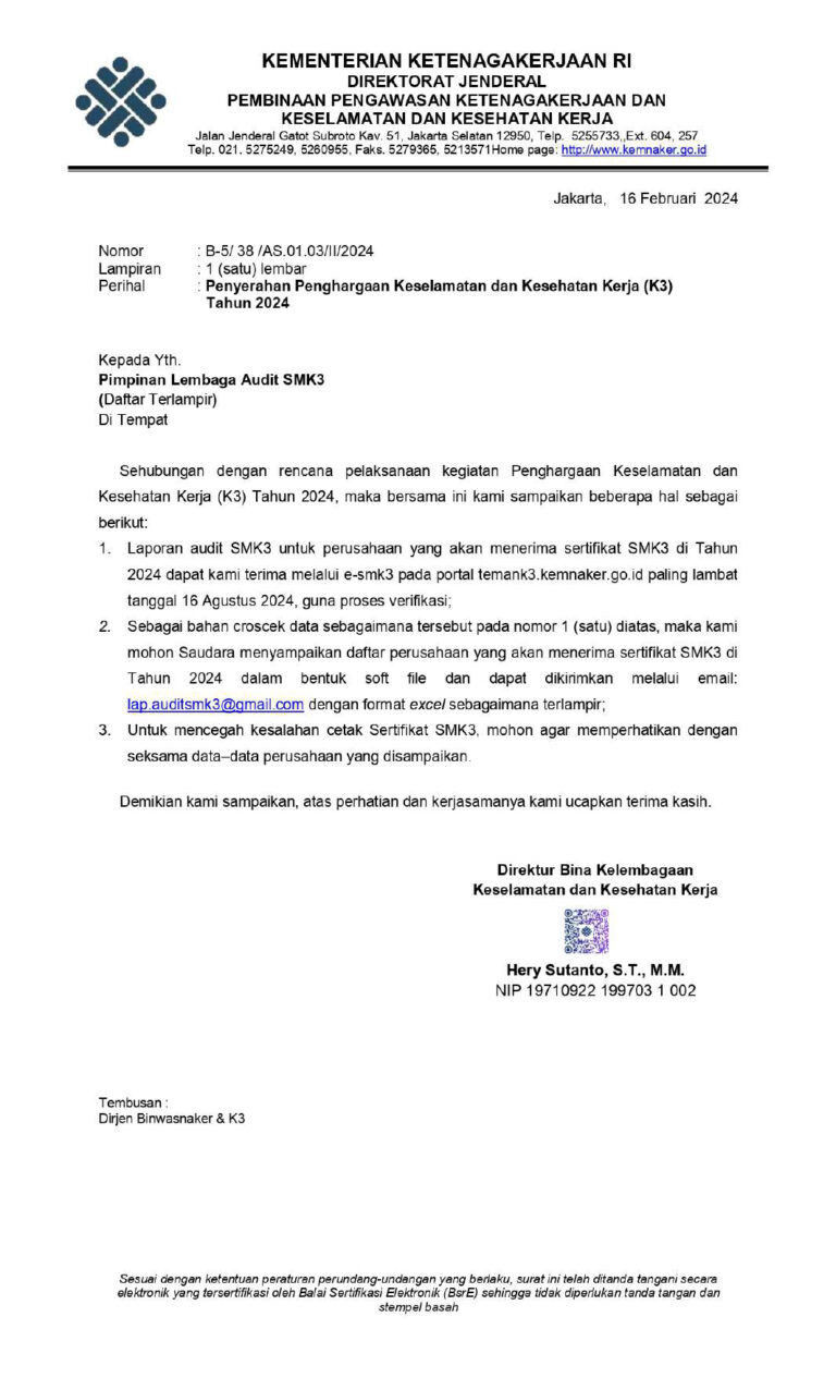 Khusus Tahun 2024, SMK3 Kemnaker Audit sampai 16 Agustus 2024, Sertifikat terbit di 2024 - Akta ...
